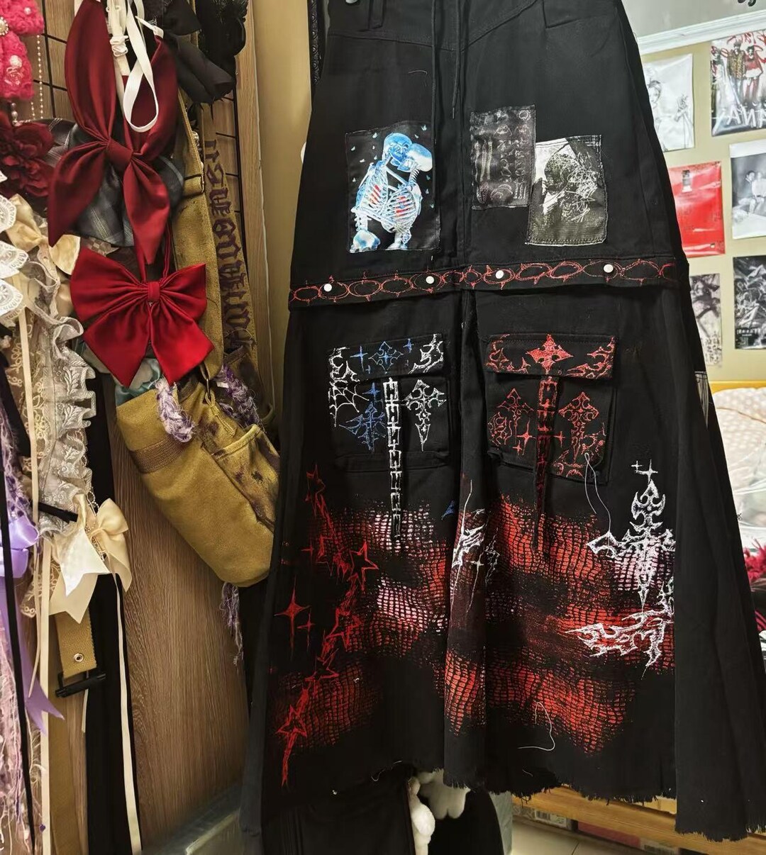 Red and Black Gothic Patchwork Skirt With Punk Accents - Etsy