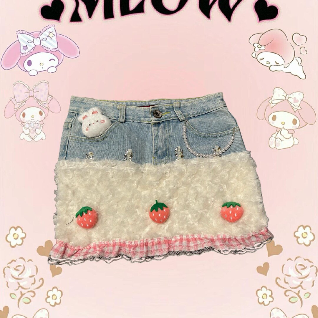 Adorable My Melody Denim Skirt With Faux Fur and Strawberry Patches - a Stylish and Kawaii ...