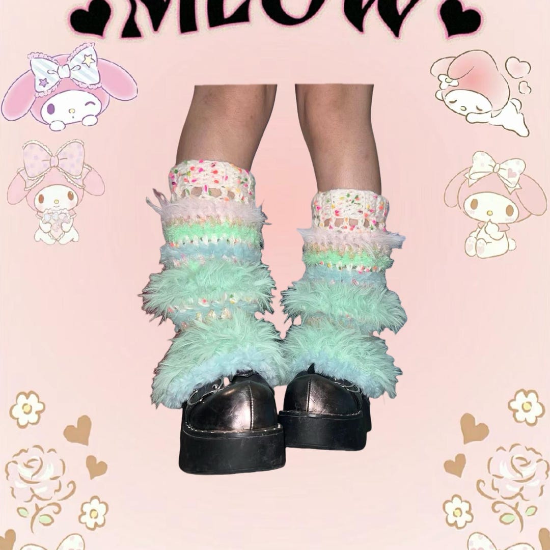 Pastel Pink and Blue Fuzzy Leg Warmers With Laces and Bows, Featuring a ...