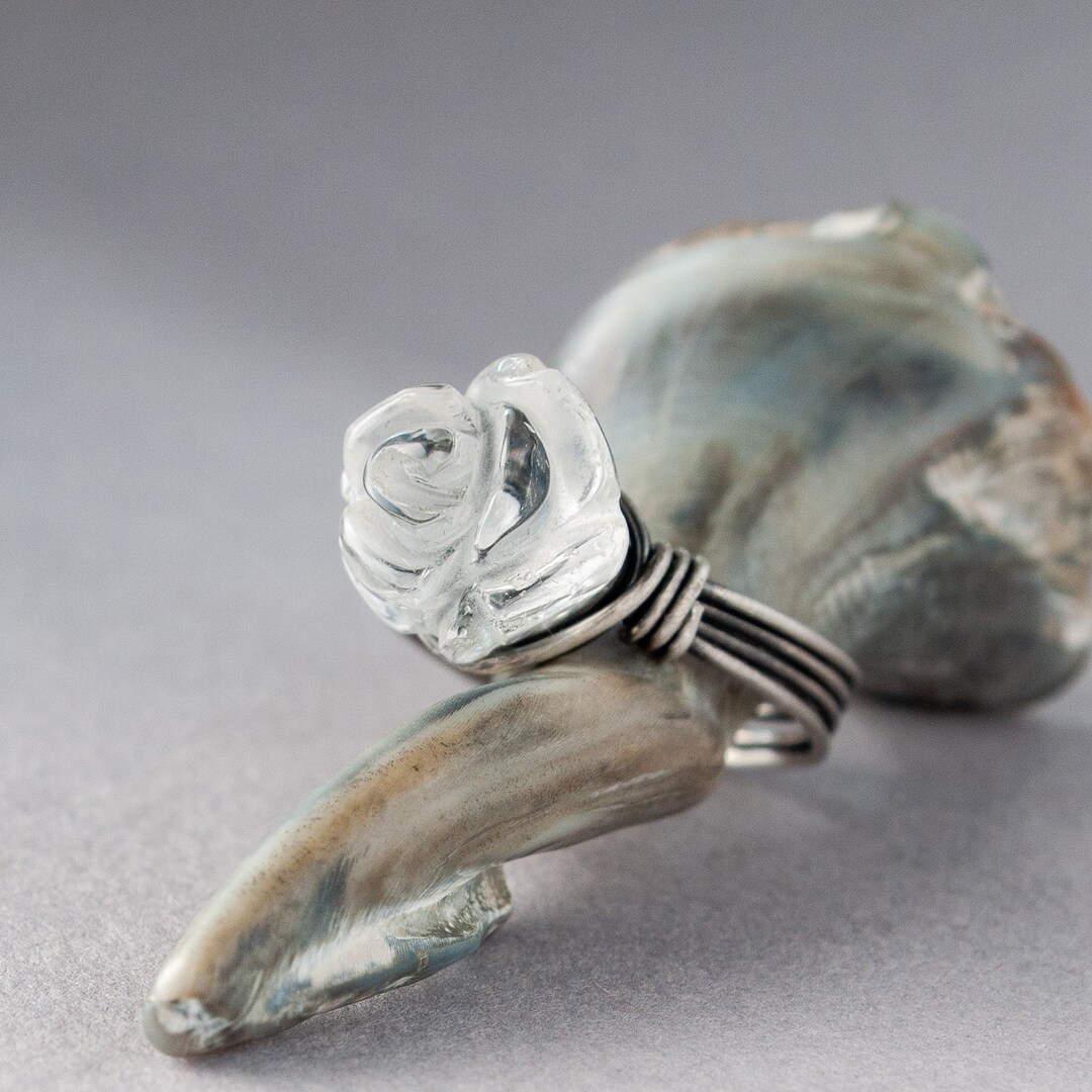 Quartz Rose Flower Ring, Carved Gemstone Rose, Crystal Flower Ring ...