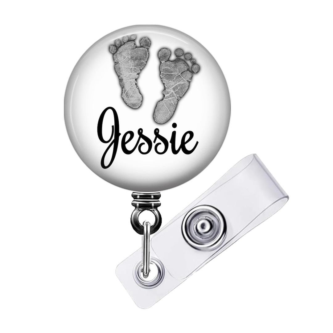 Pediatric Baby Footprints Name Badge Reel Personalized - Retractable ID ...