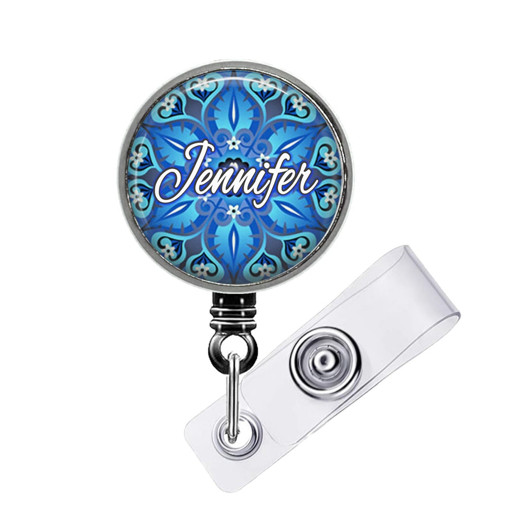 Personalized Blue Kaleidoscope Flower Badge Reel - Retractable Id ...