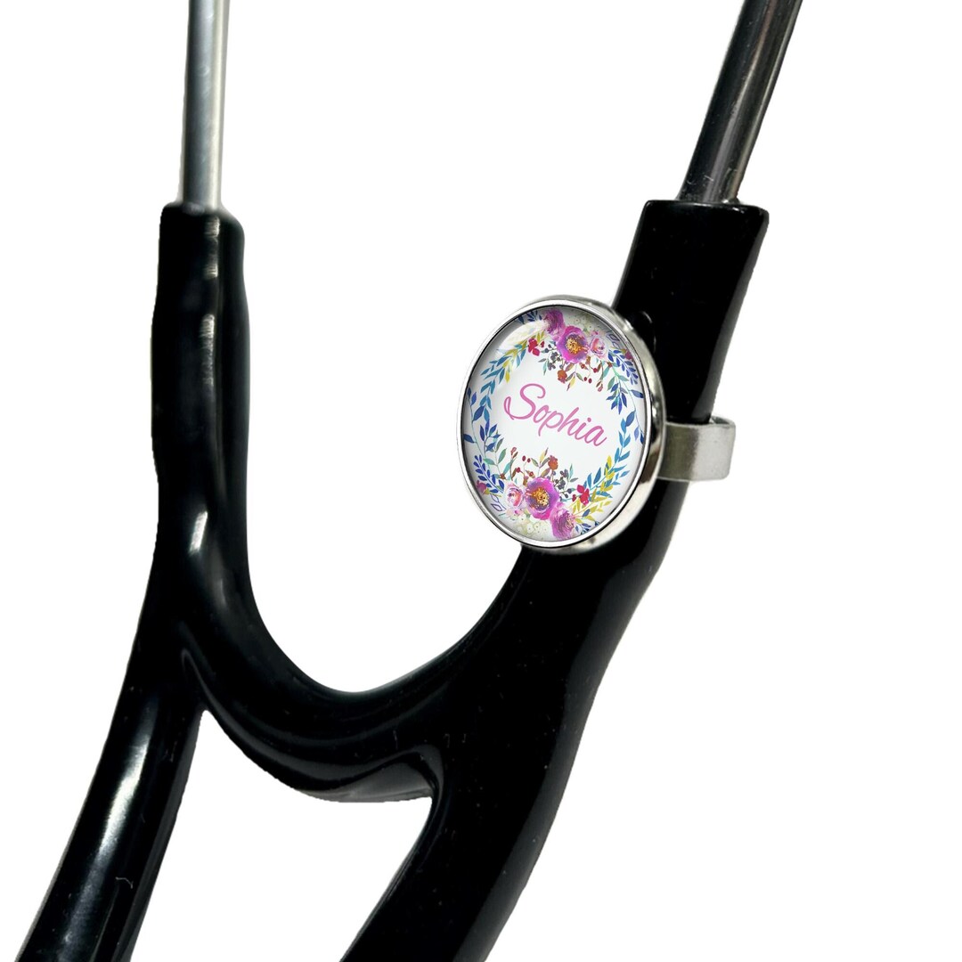 Pink Flowers Stethoscope ID Name Tag Charm Personalized - Adjustable ...