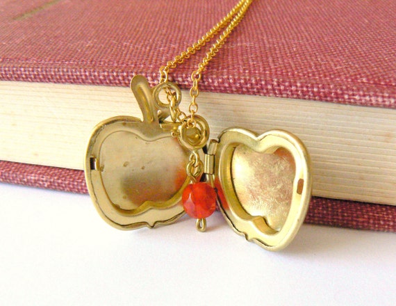 Items similar to Golden apple locket necklace. Back to school, fruit ...