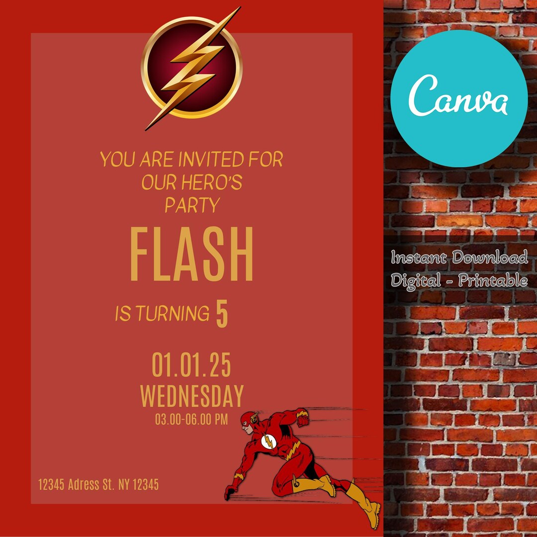 Flash Superhero Birthday Invitation | Customizable Digital Party Invite ...