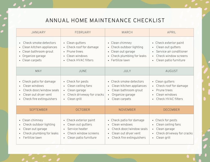 Annual Home Maintenance Checklist & Calendar - Etsy