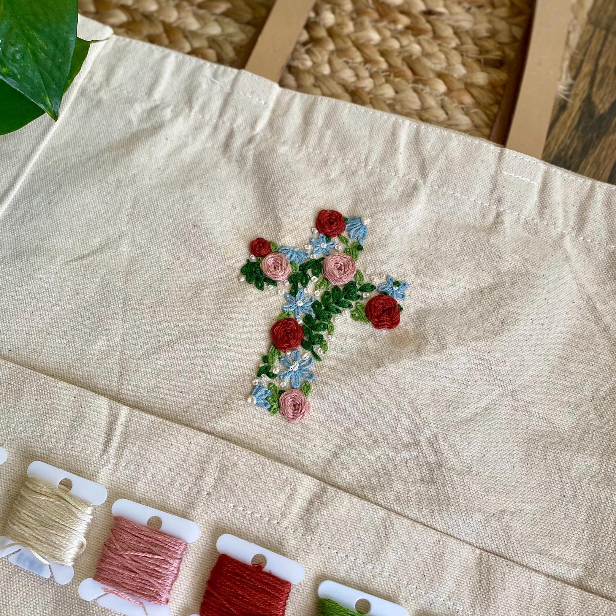 Hand Embroidered Cross Church Bag, Canvas Bag for Bible, Floral Cross ...