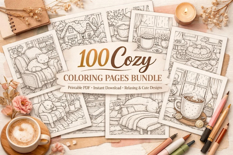 100 Cozy Coloring Pages Bundle | Cute Printable Relaxing Coloring Book ...