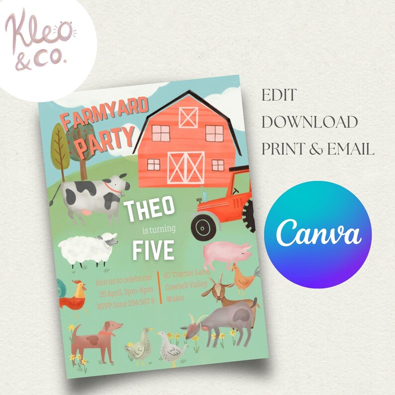 Editable Farmyard Canva Template Customized Birthday Invitation ...