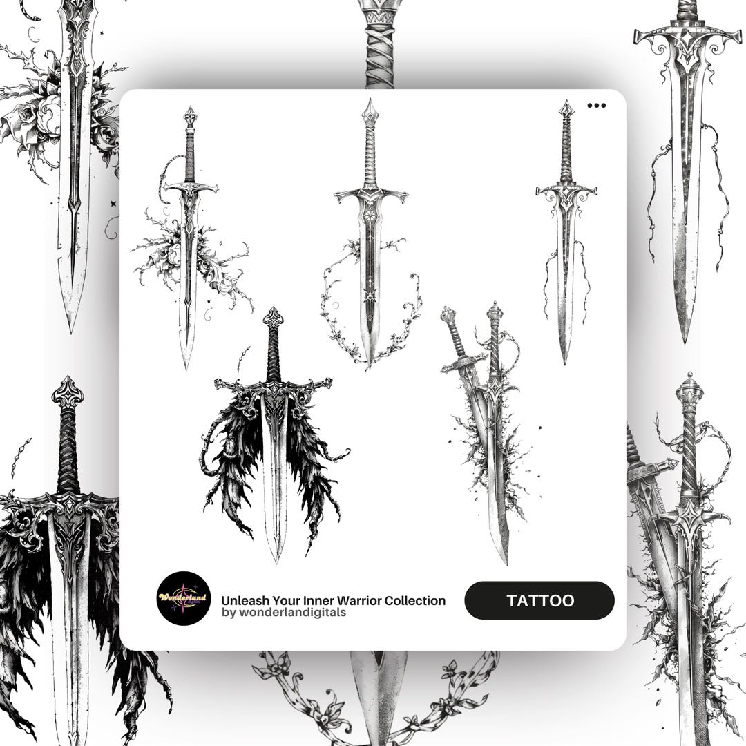 5 Elegant Sword Tattoo Stencils Fine Line Minimalist Digital Art ...