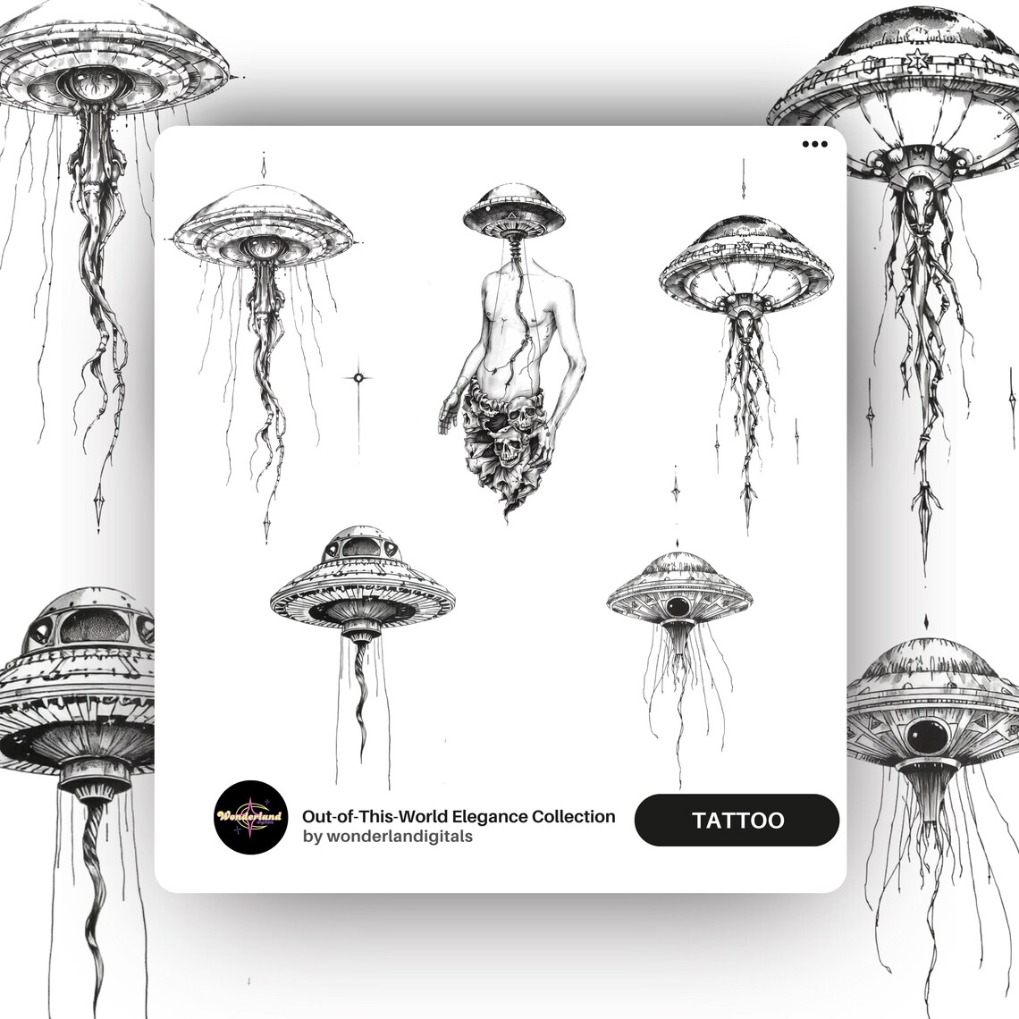 Surreal Jellyfish and UFO Tattoo Stencils - Hand-drawn Digital Designs ...