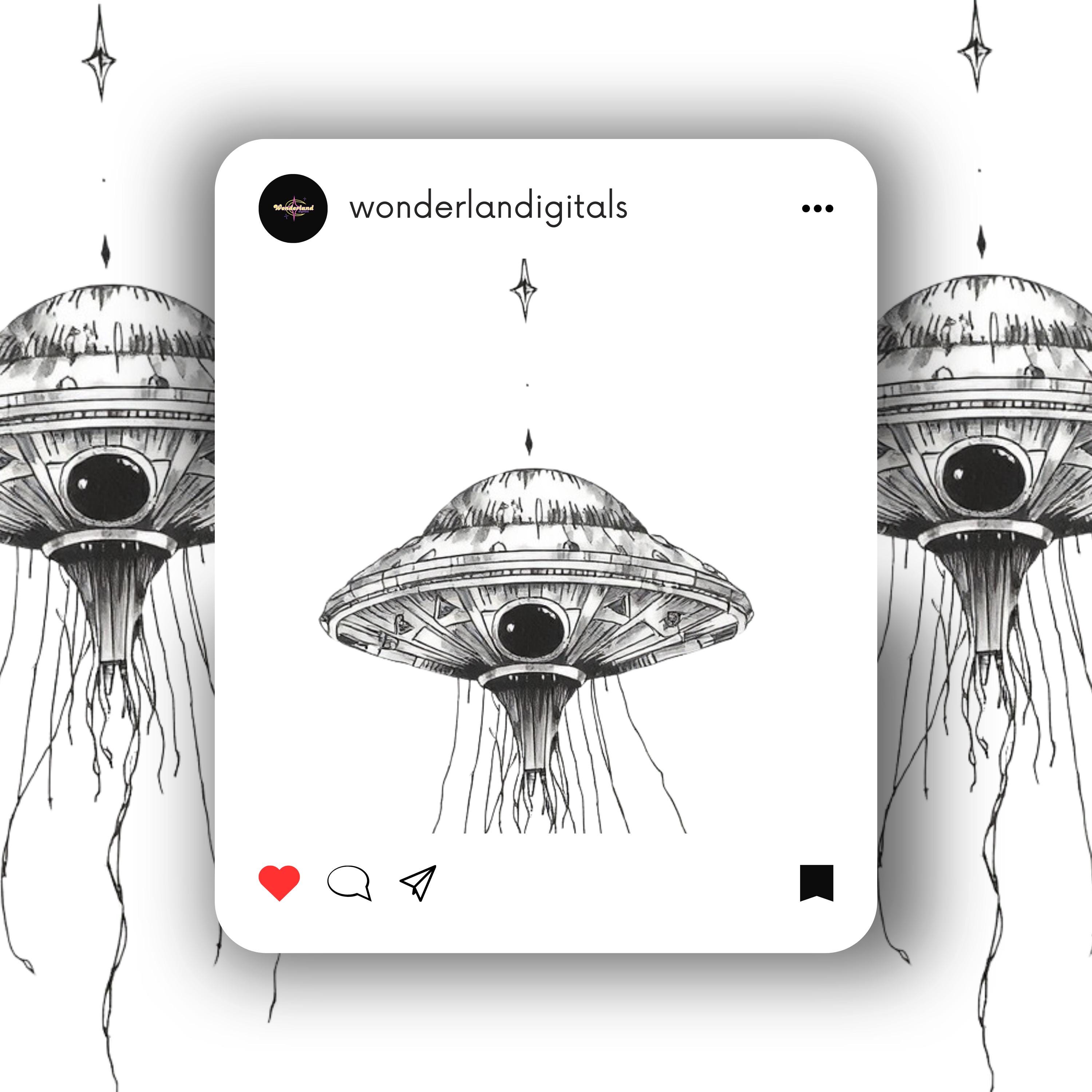 Surreal Jellyfish and UFO Tattoo Stencils - Hand-drawn Digital Designs ...