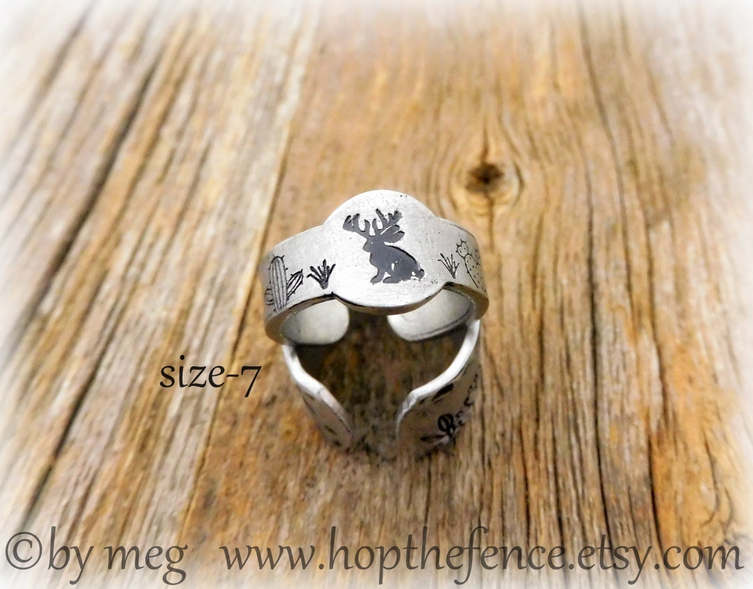Size-7 Pewter Jackalope & Cactus Open Back Ring Rustic Hand Tooled by ...