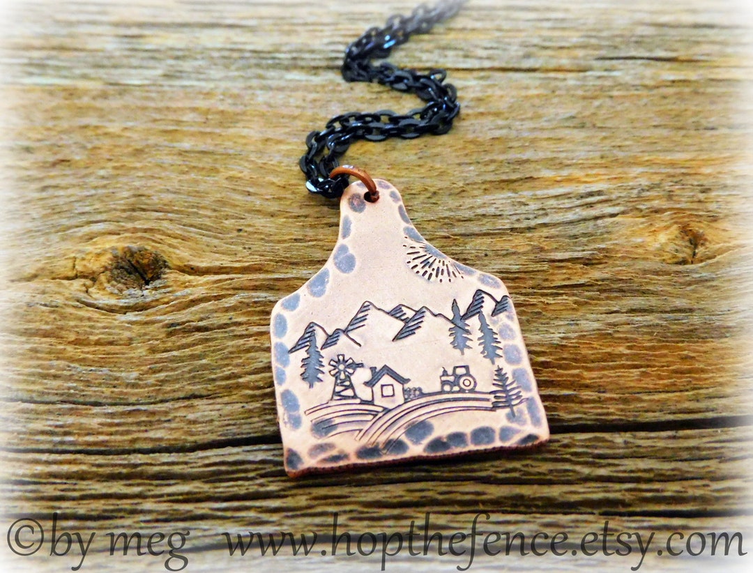 1 1/4" Tall Rustic Copper Cow Tag Cattle Necklace- Farm Scene- Hand ...