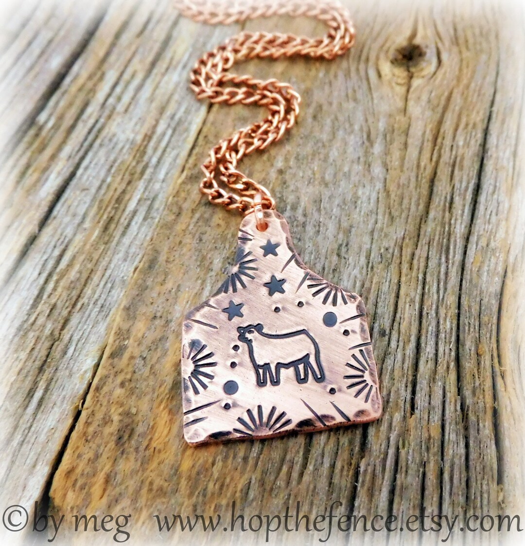 1.25" Tall Rustic Copper Cow Tag Cattle Necklace- Hand Stamped/tooled ...