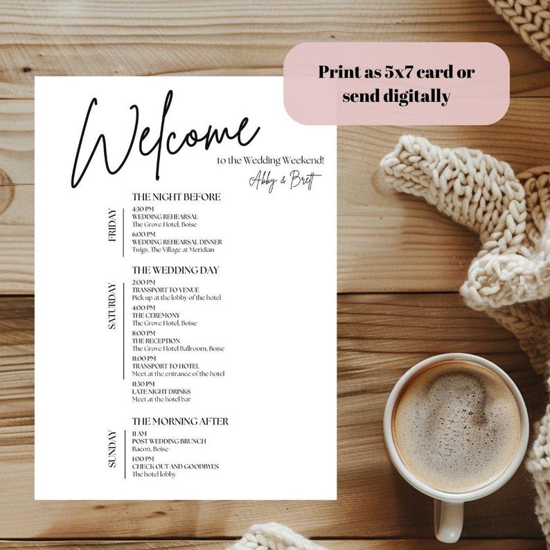 Wedding Weekend Itinerary Template DIY Wedding Schedule Wedding Welcome ...