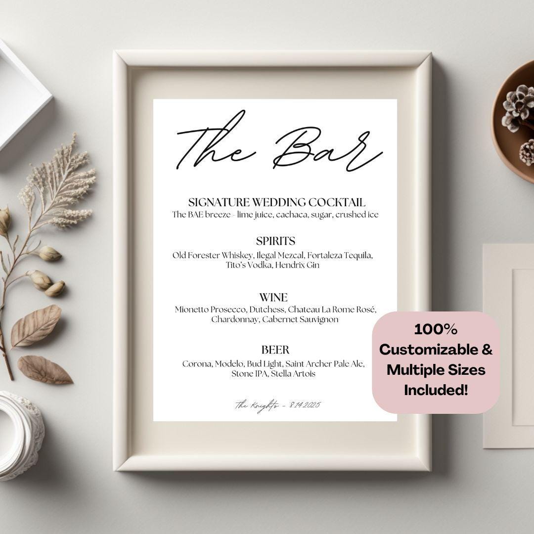 Wedding Bar Menu Template Printable Bar Menu DIY Wedding Sign Signature ...