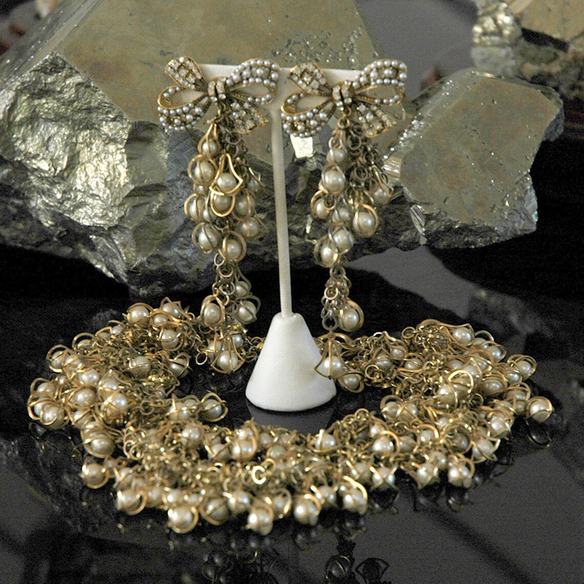 Crazy Insane Fringe Necklace Earring Set, Bridal?, Caged Faux Pearls ...