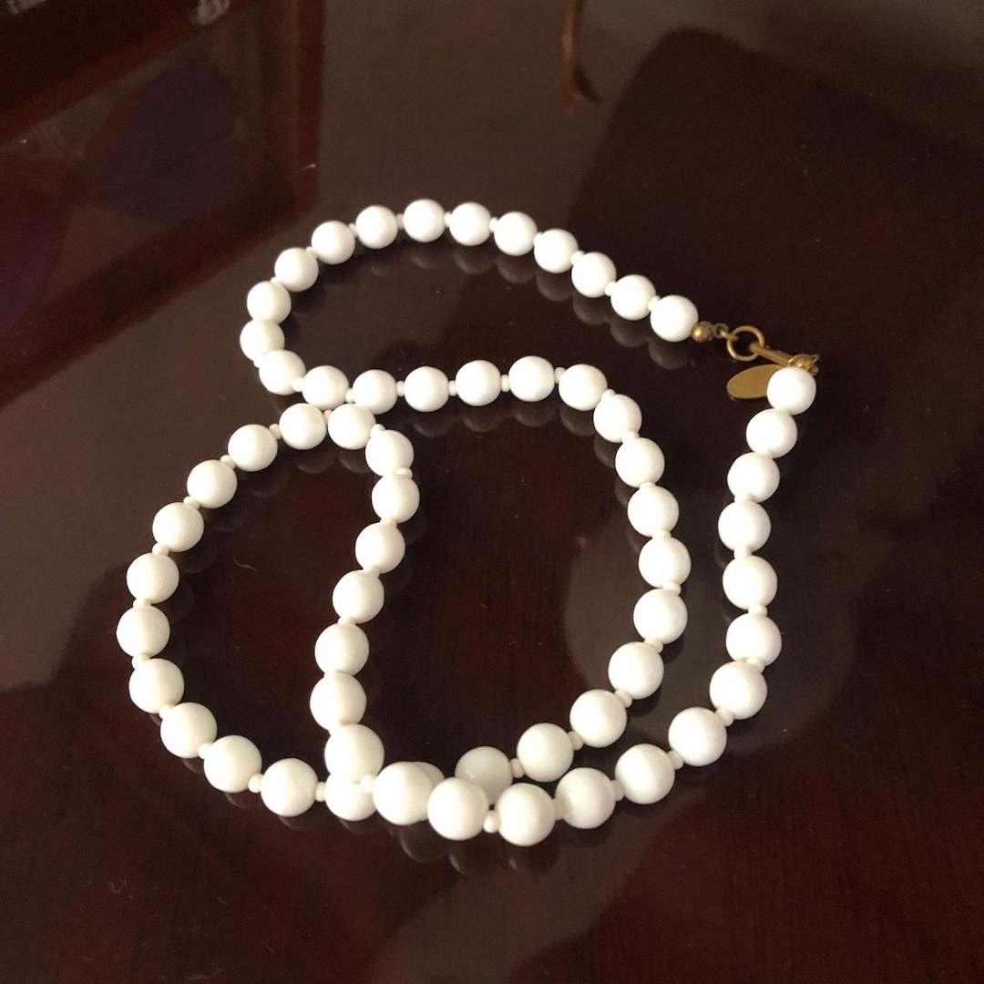 1970s Miriam Haskell Necklace, White Milk Glass Beads, Signature Clasp ...