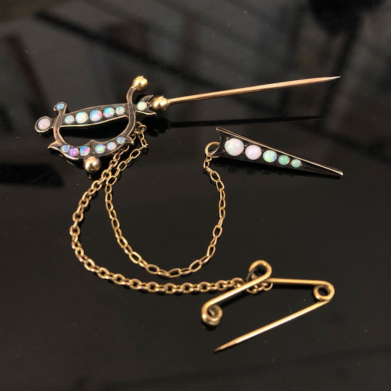 Antique Black Opal Sword Jabot Pin, Victorian New Zealand, 15ct Gold, W ...