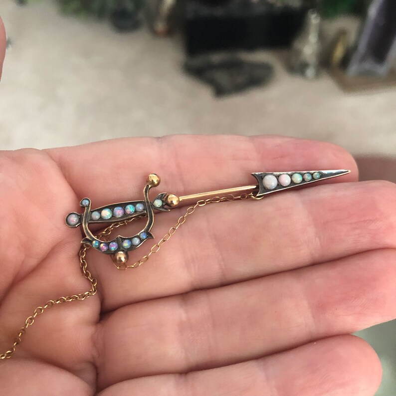 Antique Black Opal Sword Jabot Pin, Victorian New Zealand, 15ct Gold, W ...