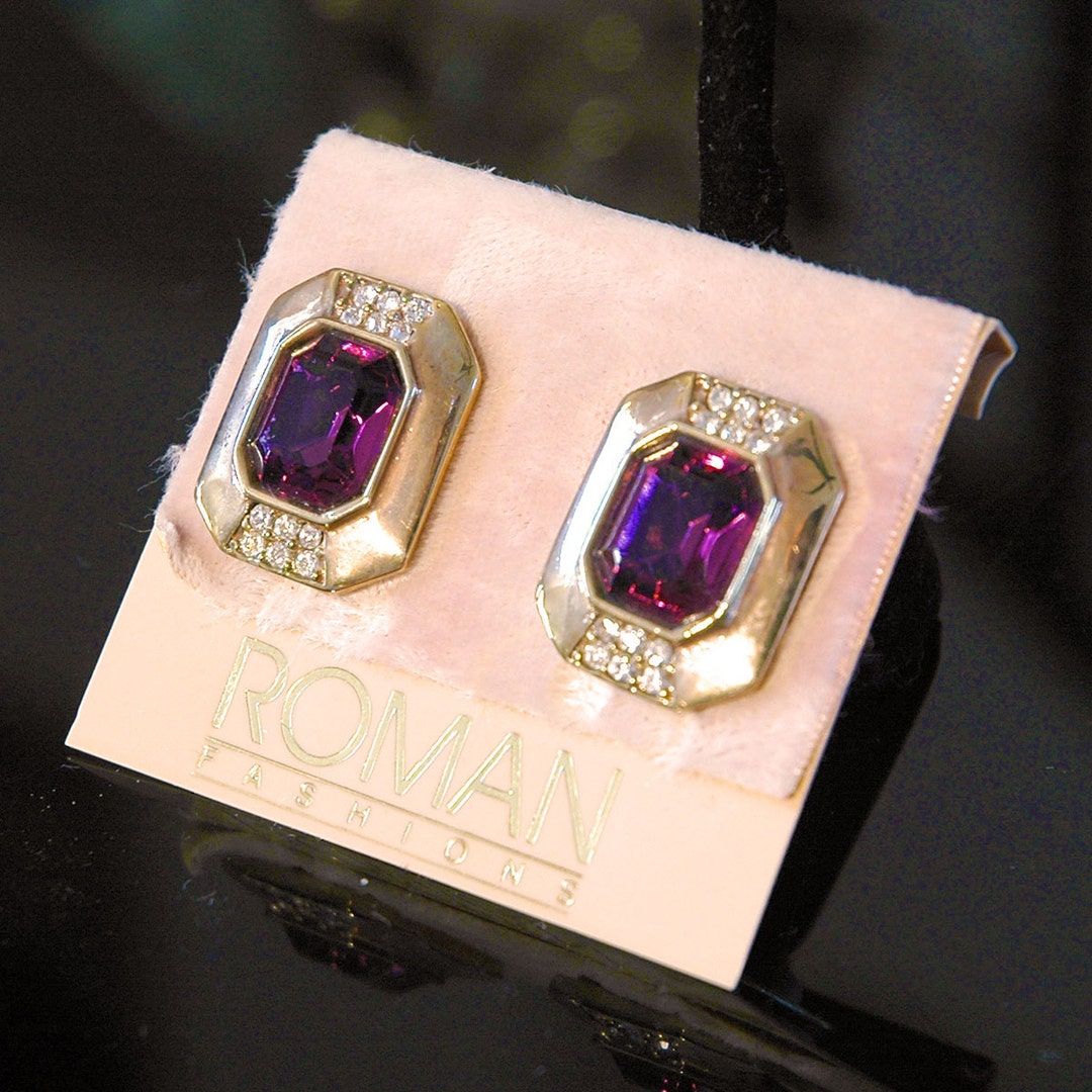 Roman Brand Earrings, Vintage New Old Stock on Card, Purple Crystal ...