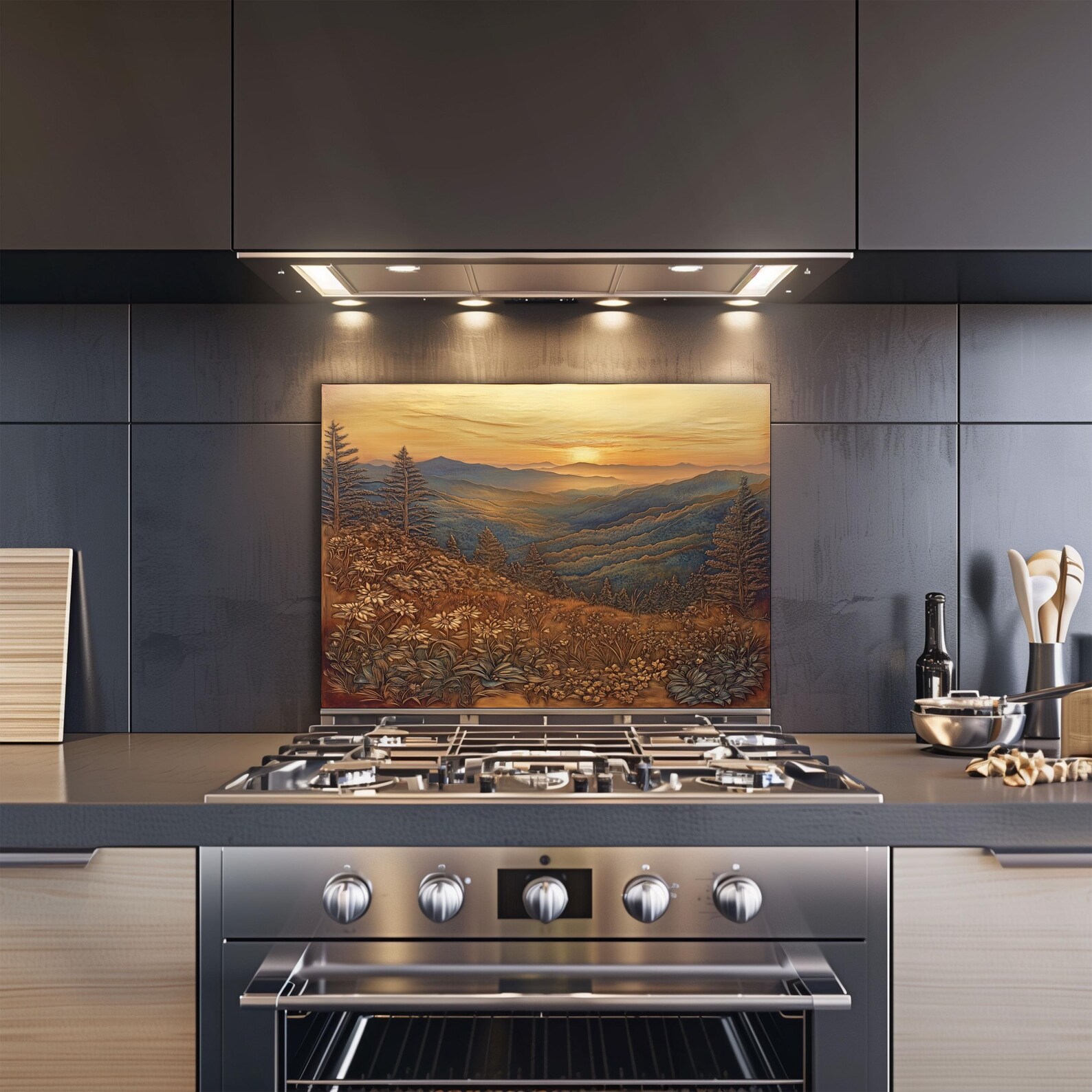 Mountain Landscape Backsplash, Floral Mountain Glass Splashback for ...
