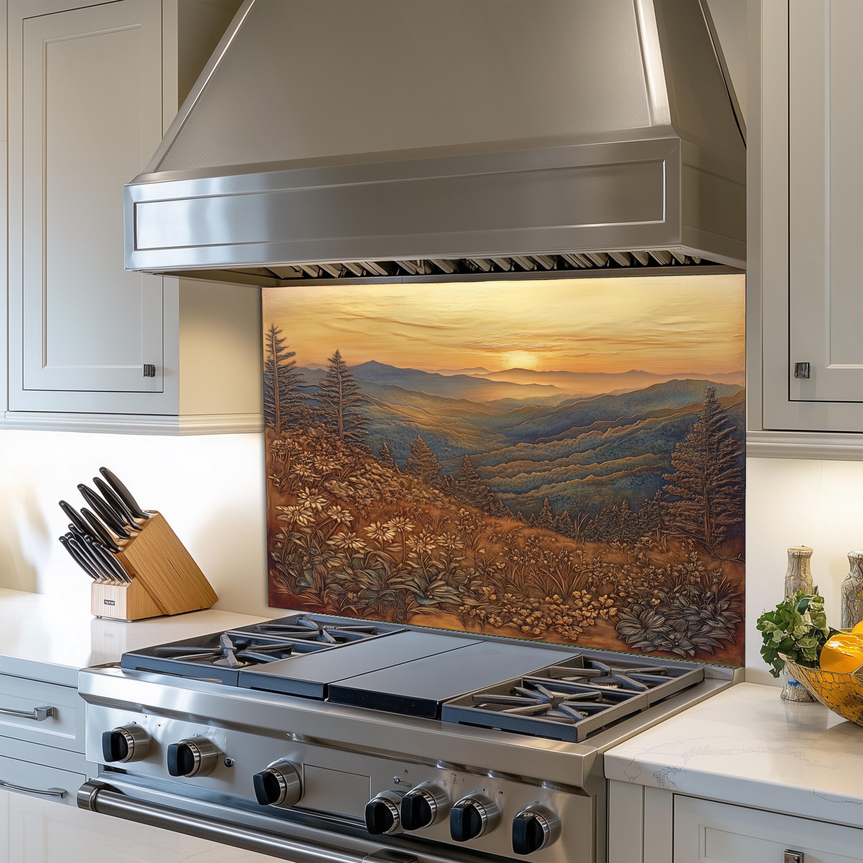 Mountain Landscape Backsplash, Floral Mountain Glass Splashback for ...