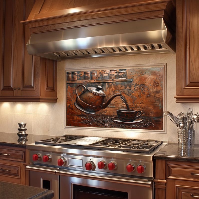 Tempered Glass Kitchen Backsplash Copper Teapot and Coffee Design ...