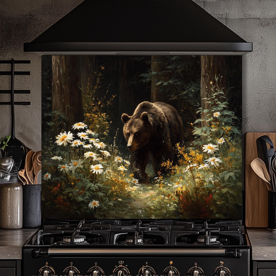 Copper Bear Backsplash: Hand-embossed Tempered Glass, Rustic Cabin ...