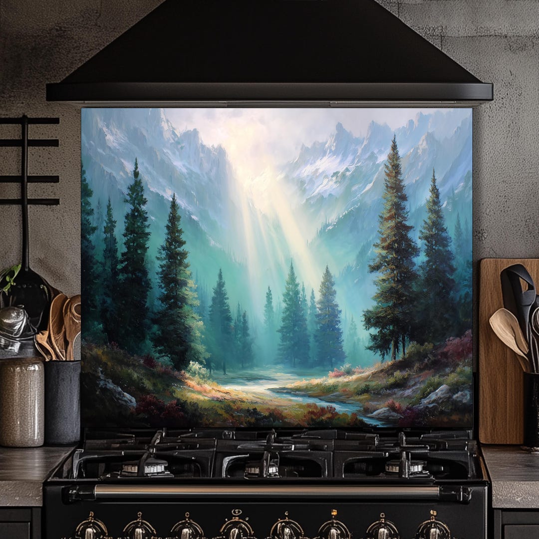 Pine Tree Path Landscape Backsplash-misty Mountains Glass Art, Custom ...