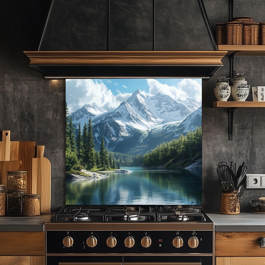 Tempered Glass Stove Backsplash for Kitchen, Mountain and Lake Artistic ...