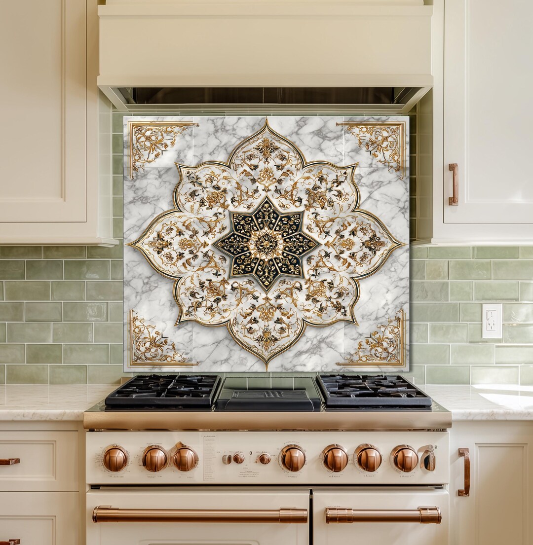 Royal Gold Star Backsplash, White Marble Stove Guard, Custom Size Glass ...