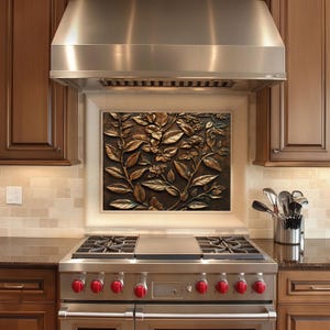 Tempered Glass Kitchen Backsplash, Bronze Floral Leaf Design, Copper ...