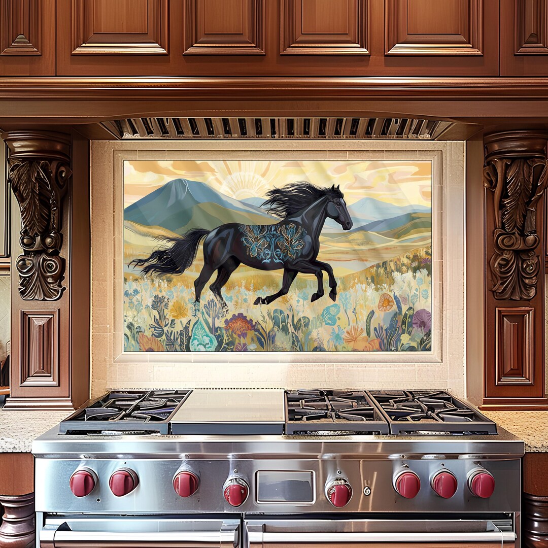 Glass Kitchen Splashback for Stove, Horse Tempered Backsplash Panel ...