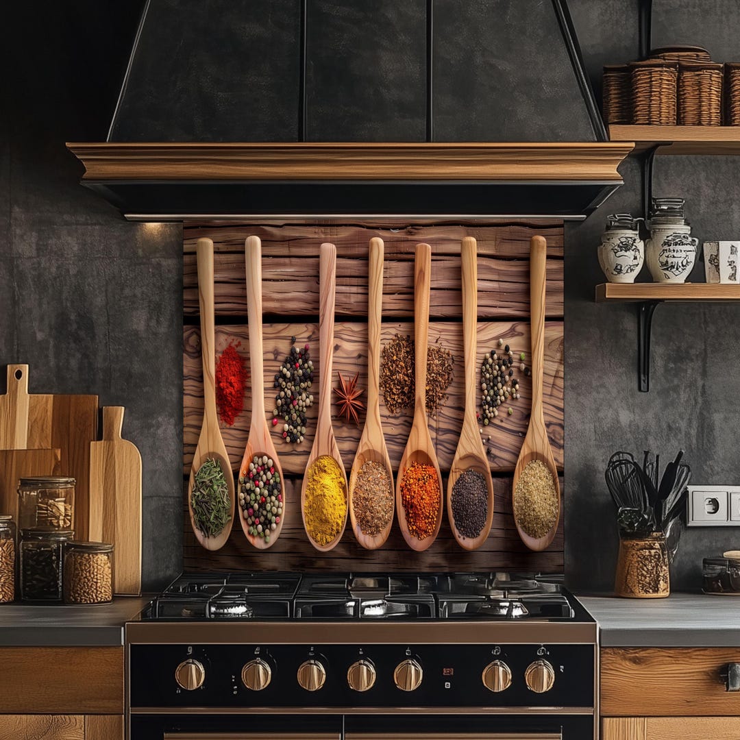 Back of Stove Backsplash in Tempered Glass, Spices Stylish Kitchen Art ...