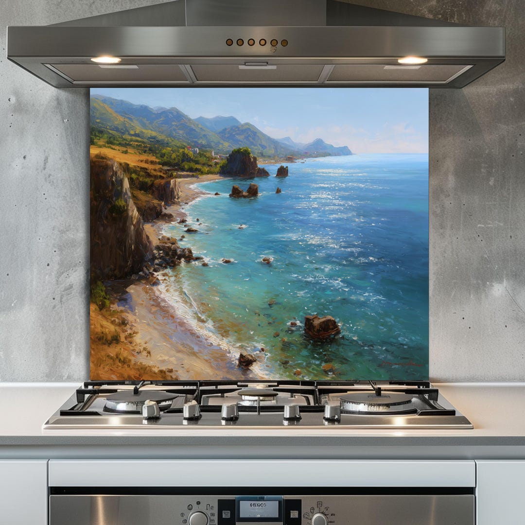 Seaside Landscape Backsplash-coastal Glass Art for Kitchen, Landscape ...
