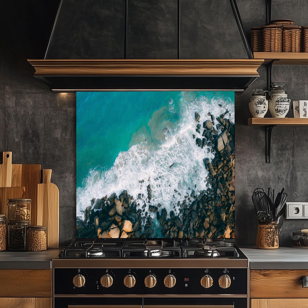 Tempered Glass Kitchen Backsplash for Stove, Sea and Waves Durable ...