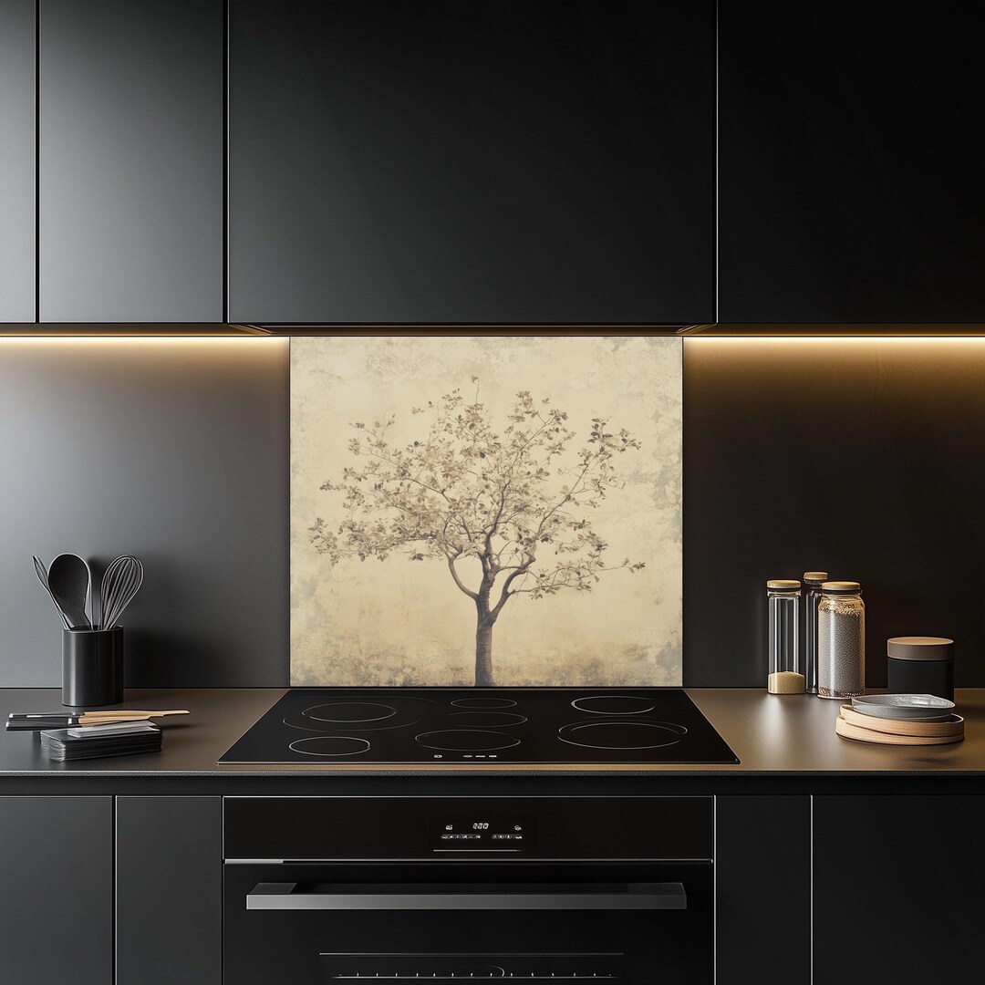 Glass Backsplash - Minimalist Vintage Tree Design Splashback, White ...