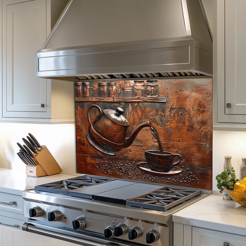 Tempered Glass Kitchen Backsplash Copper Teapot and Coffee Design ...