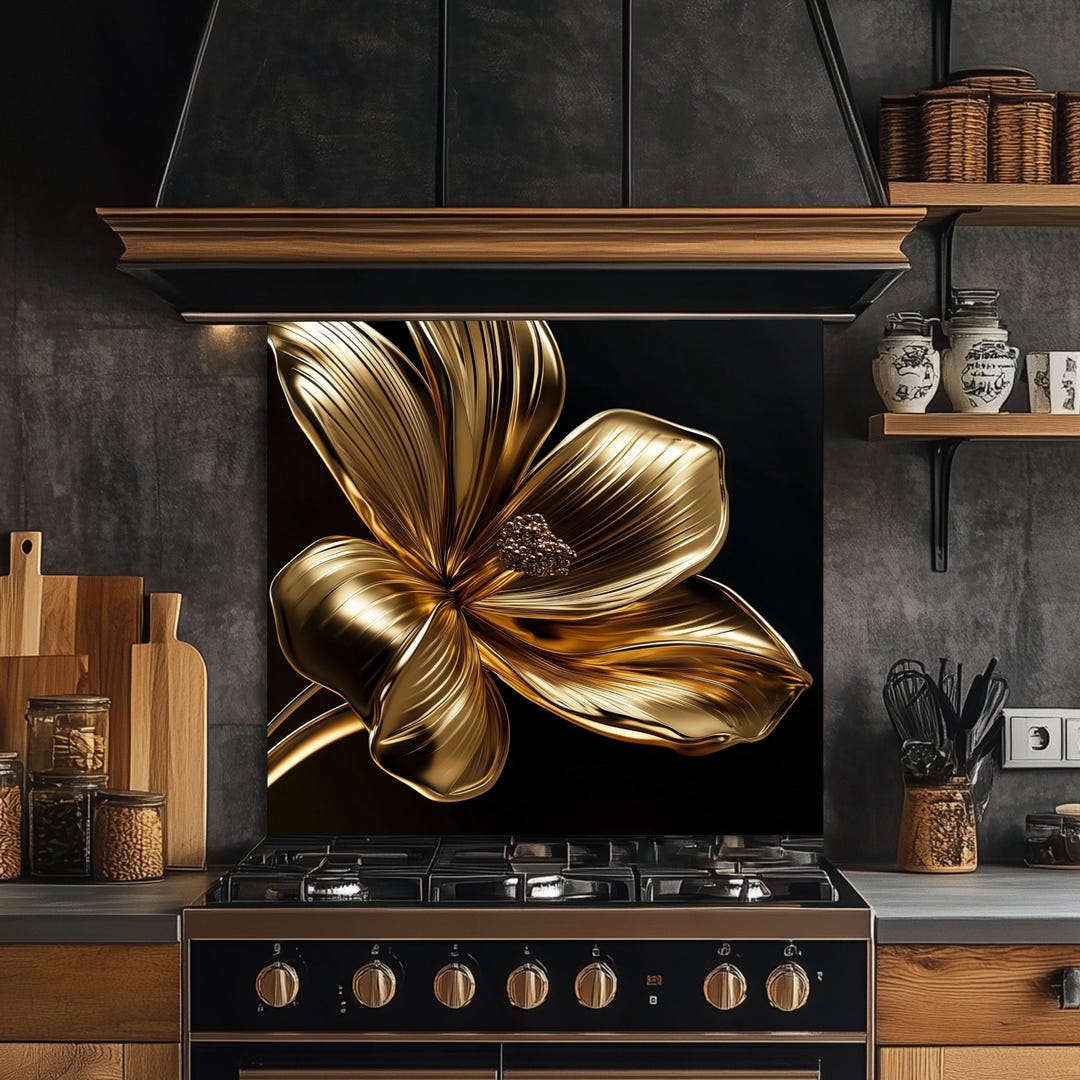 Elegant Kitchen Backsplash, Golden Flower Tempered Glass Splashback for ...
