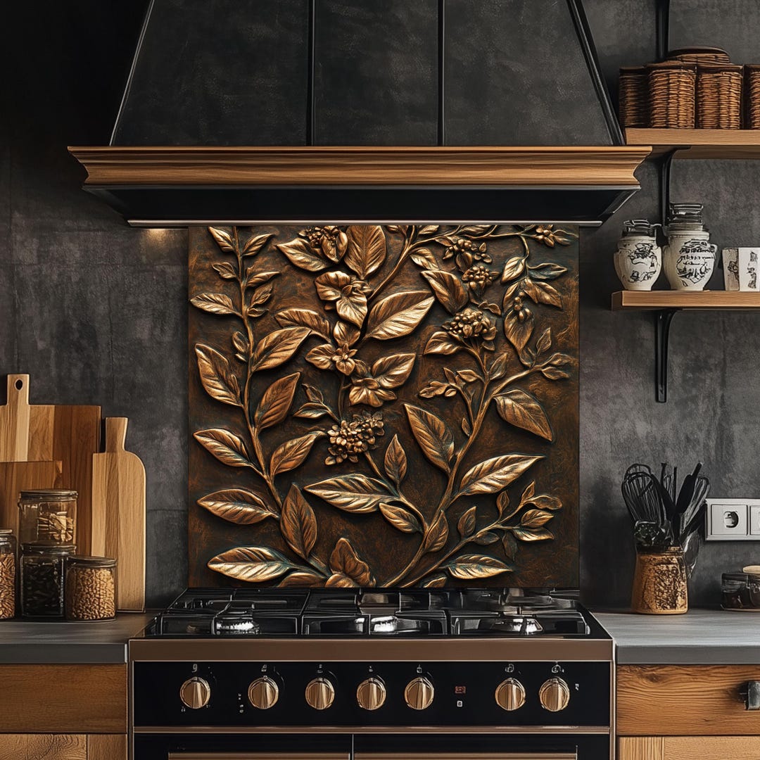 Tempered Glass Kitchen Backsplash, Bronze Floral Leaf Design, Copper ...