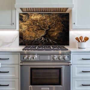 Rustic Gold Tree of Life Glass Kitchen Backsplash, Unique Glass ...