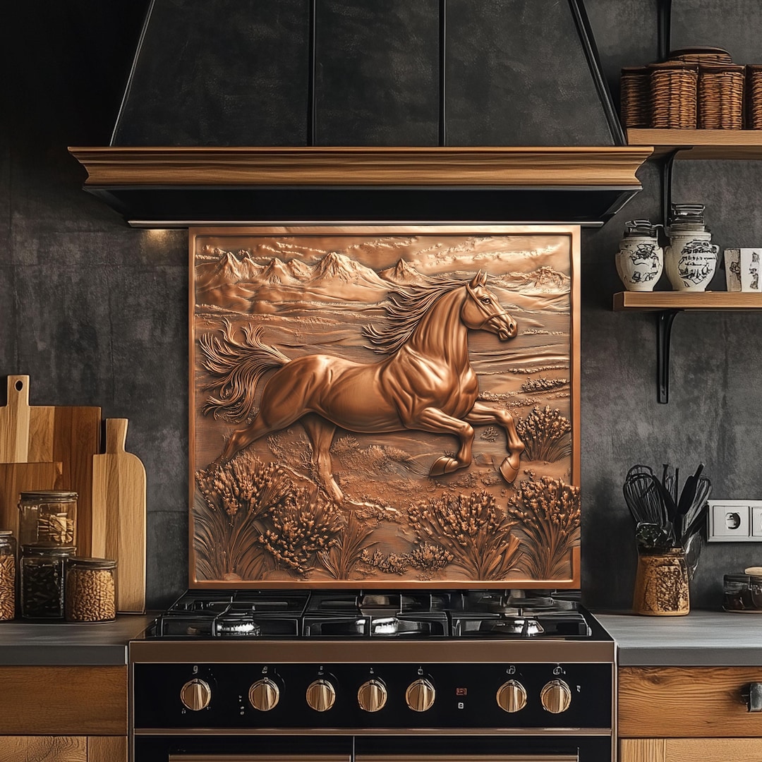 Rustic Horse Kitchen Backsplash, Copper Look Tempered Glass Art, Custom ...