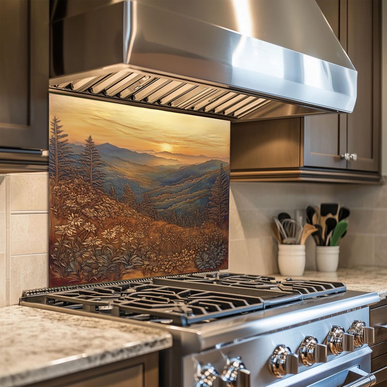 Mountain Landscape Backsplash, Floral Mountain Glass Splashback for ...