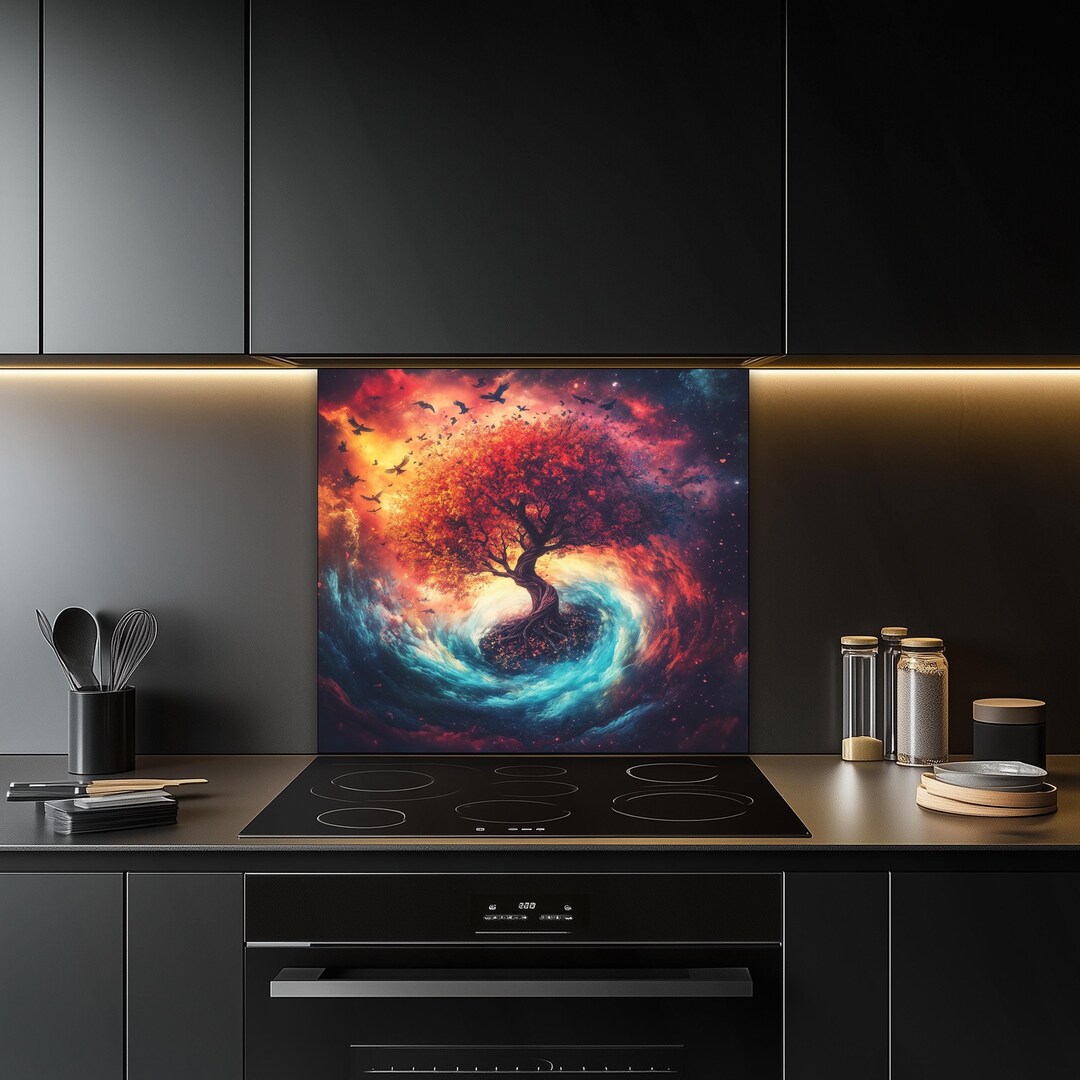 Tempered Glass Kitchen Backsplash Colorful Abstract Tree of Life Design ...