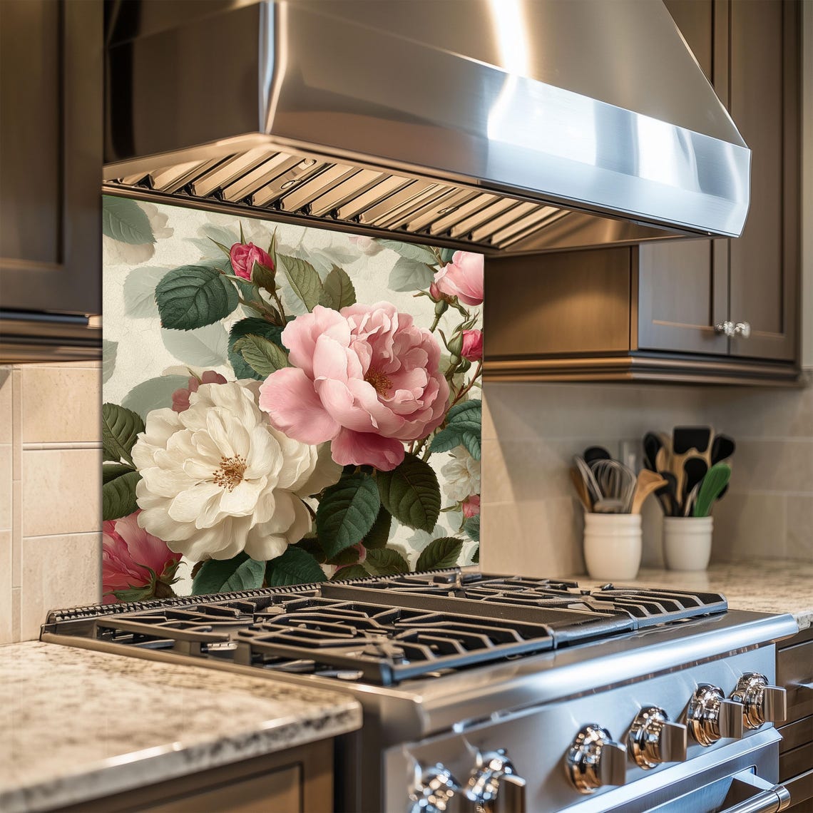 Vintage Floral Rose Kitchen Backsplash - Pink and White Peony Tempered ...