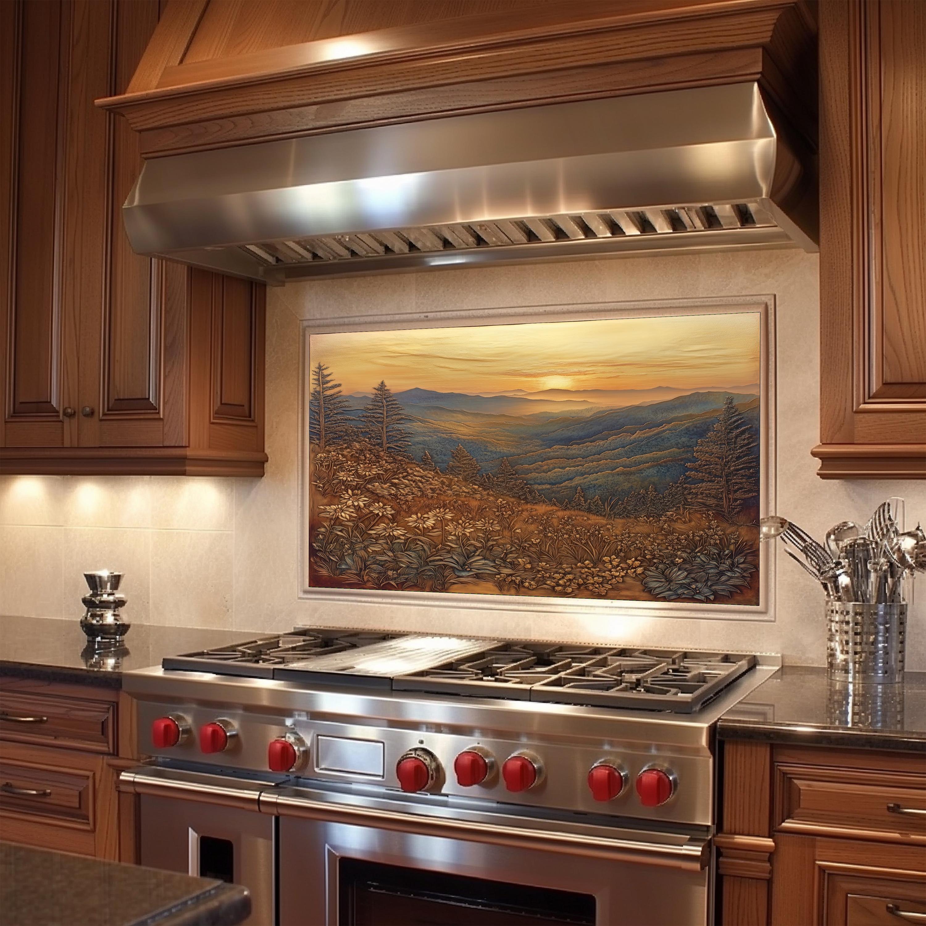Mountain Landscape Backsplash, Floral Mountain Glass Splashback for ...