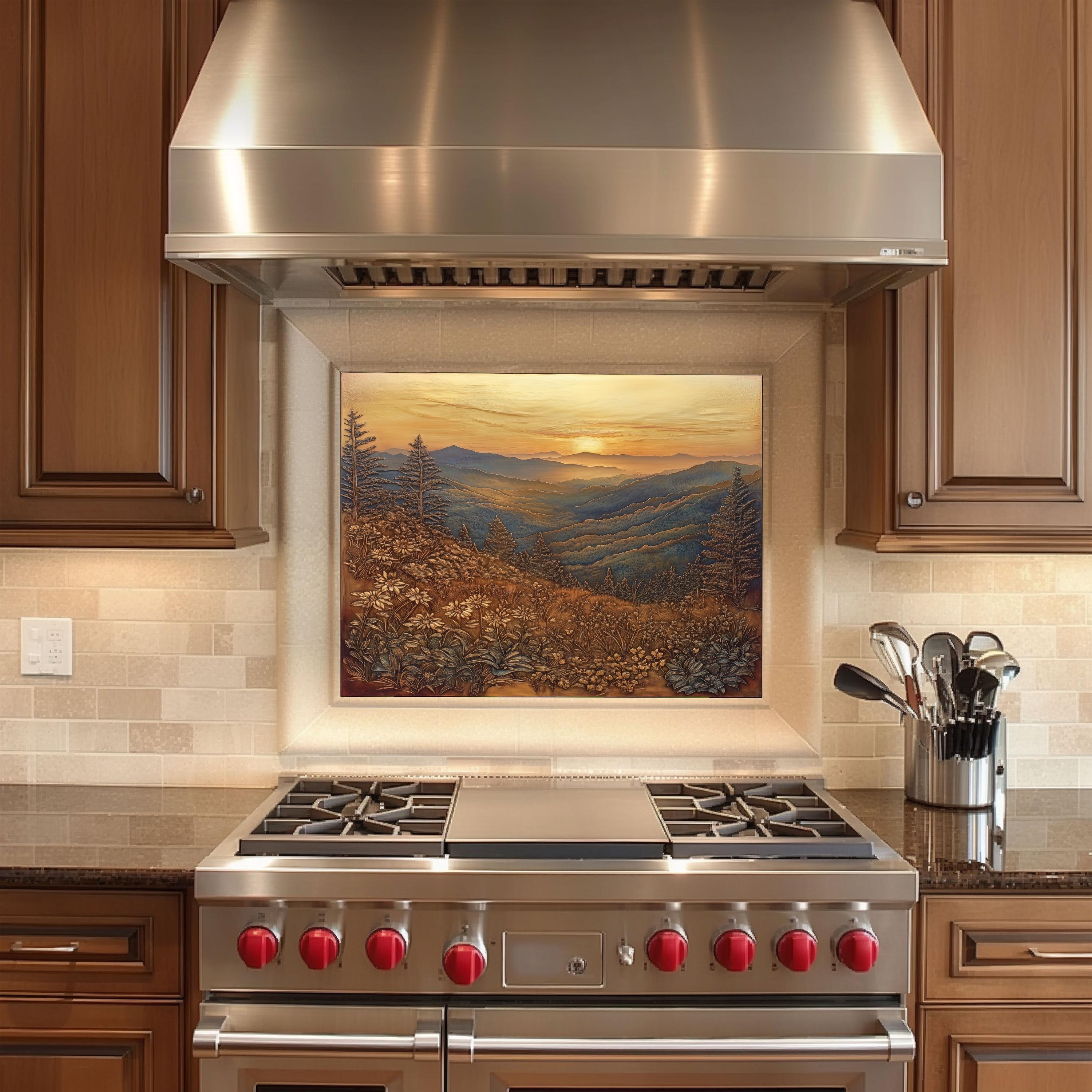 Mountain Landscape Backsplash, Floral Mountain Glass Splashback for ...