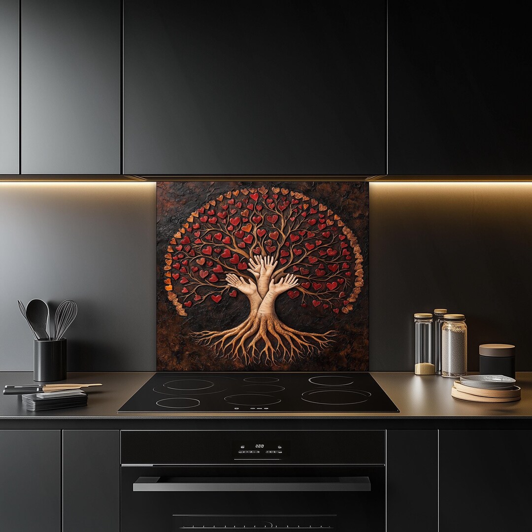 Tempered Glass Kitchen Backsplash Hands and Heart Tree of Life Design ...